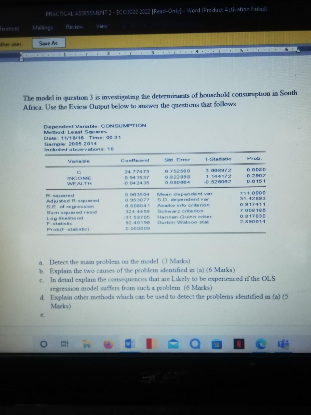 Solved The model in question 3 is investigating the | Chegg.com