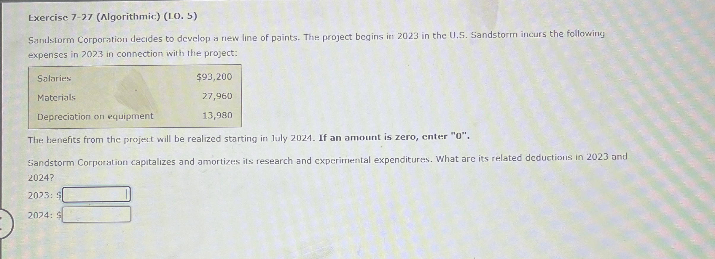 Solved Exercise 7-27 (Algorithmic) (LO. 5)Sandstorm | Chegg.com