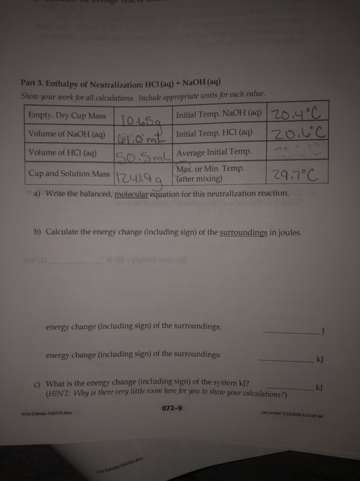 Determine Heat Of Neutralization Of Naoh And Hcl All