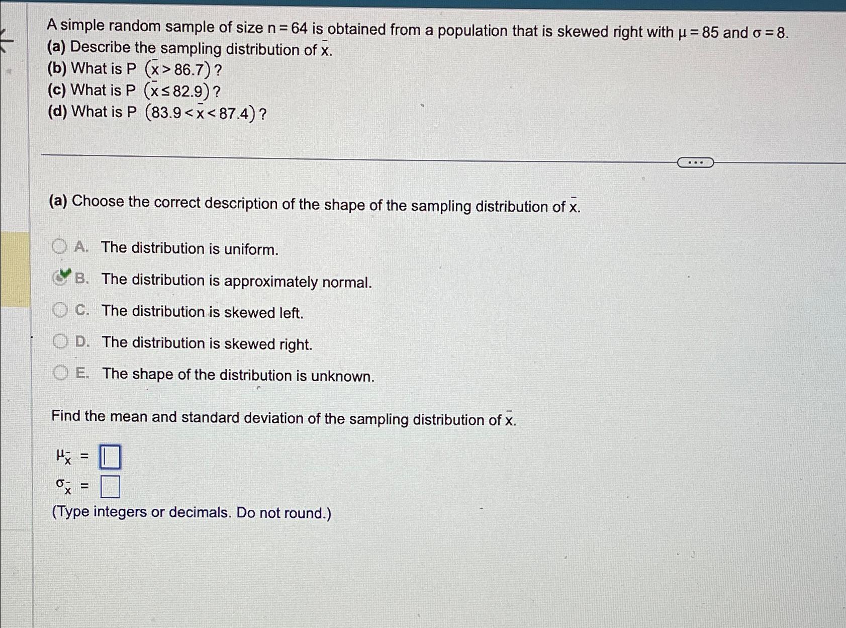Solved A simple random sample of size n=64 ﻿is obtained from | Chegg.com