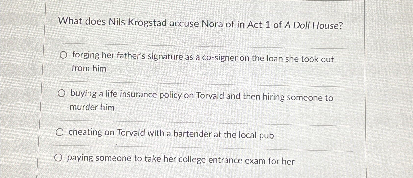Solved What does Nils Krogstad accuse Nora of in Act 1 ﻿of A | Chegg.com
