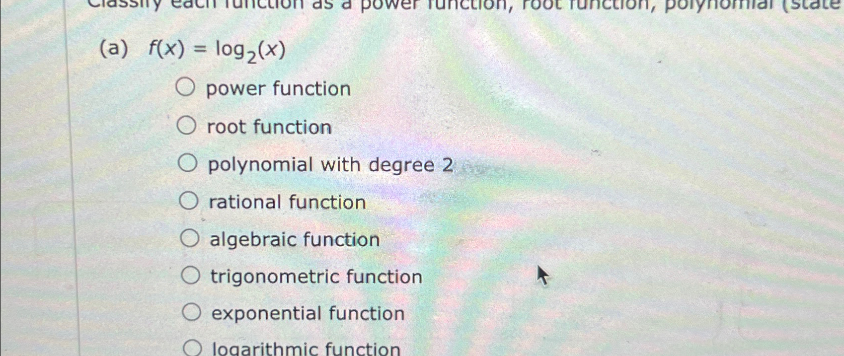 Solved (a) f(x)=log2(x)power functionroot functionpolynomial | Chegg.com
