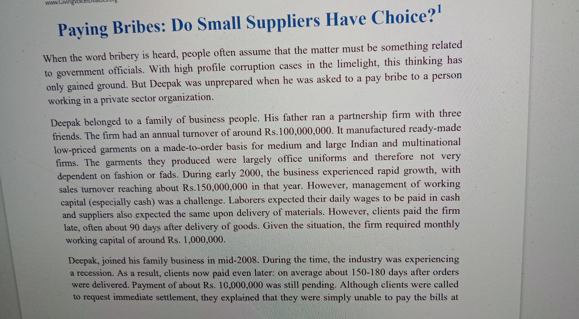 Solved Paying Bribes: Do Small Suppliers Have Choice? When | Chegg.com
