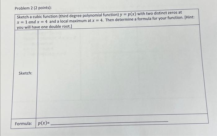 Solved Problem 2 (2 points): Sketch a cubic function (third | Chegg.com