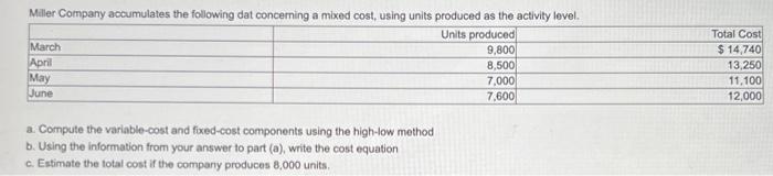 Solved a. Compute the variable-cost and fixed-cost | Chegg.com