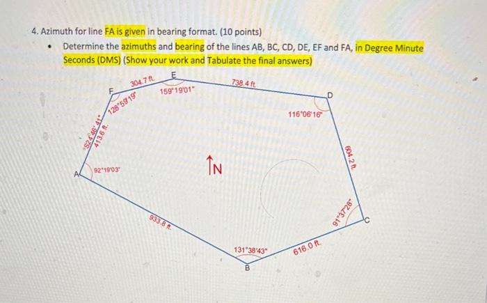 Solved 4. Azimuth for line FA is given in bearing format. ( | Chegg.com