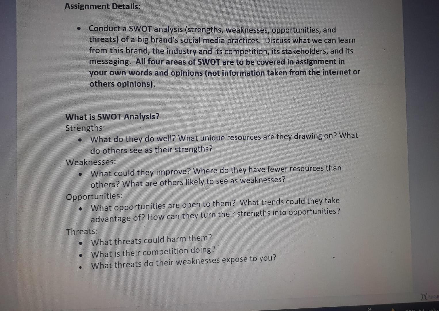 Solved Assignment Details: Conduct a SWOT analysis | Chegg.com