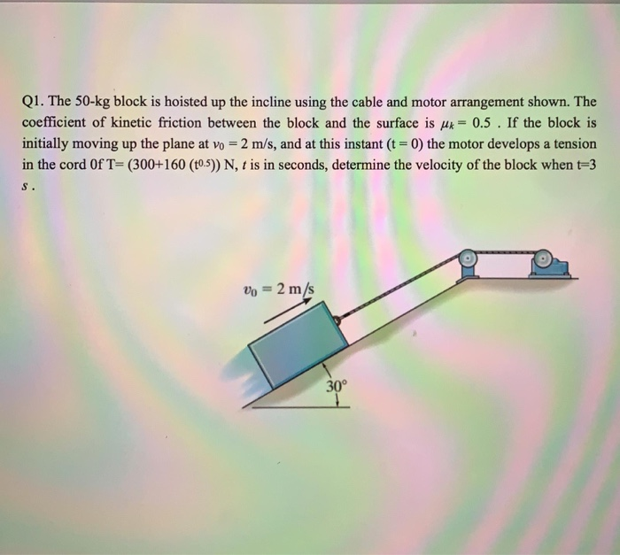 Solved Q1. The 50-kg block is hoisted up the incline using | Chegg.com
