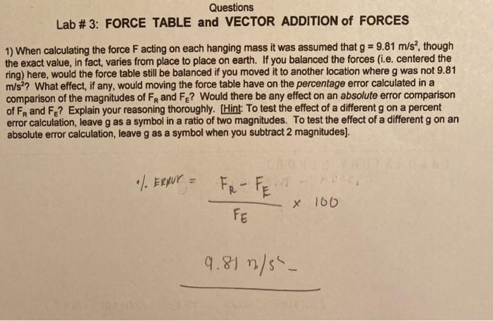 Questions Lab #3: FORCE TABLE and VECTOR ADDITION of | Chegg.com