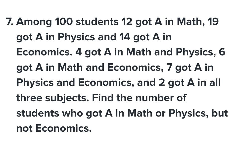 Solved Among 100 ﻿students 12 ﻿got A ﻿in Math, 19 ﻿got A ﻿in | Chegg.com