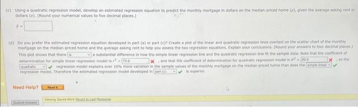 Mpiceriate(c) Using a quadratic regression model, | Chegg.com