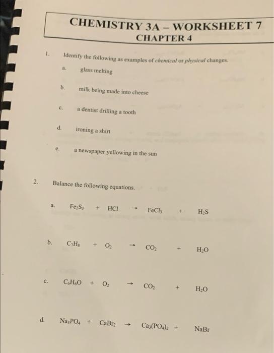 Solved CHEMISTRY 3A - WORKSHEET 7 7 CHAPTER 4 1. Identify | Chegg.com