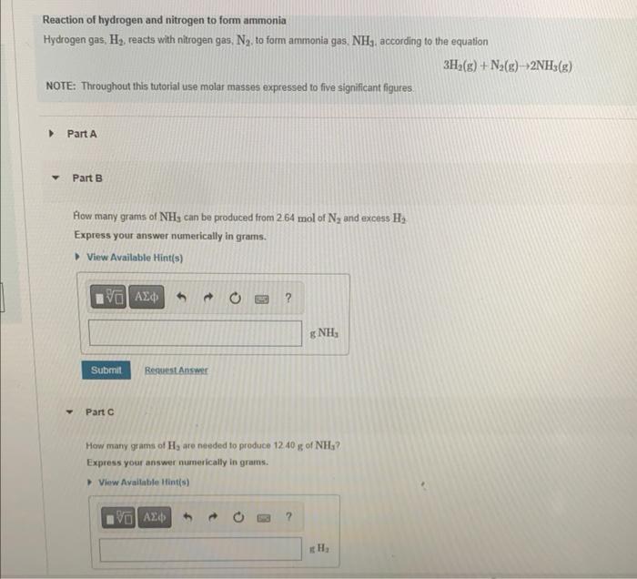 Solved Reaction of hydrogen and nitrogen to form ammonia | Chegg.com