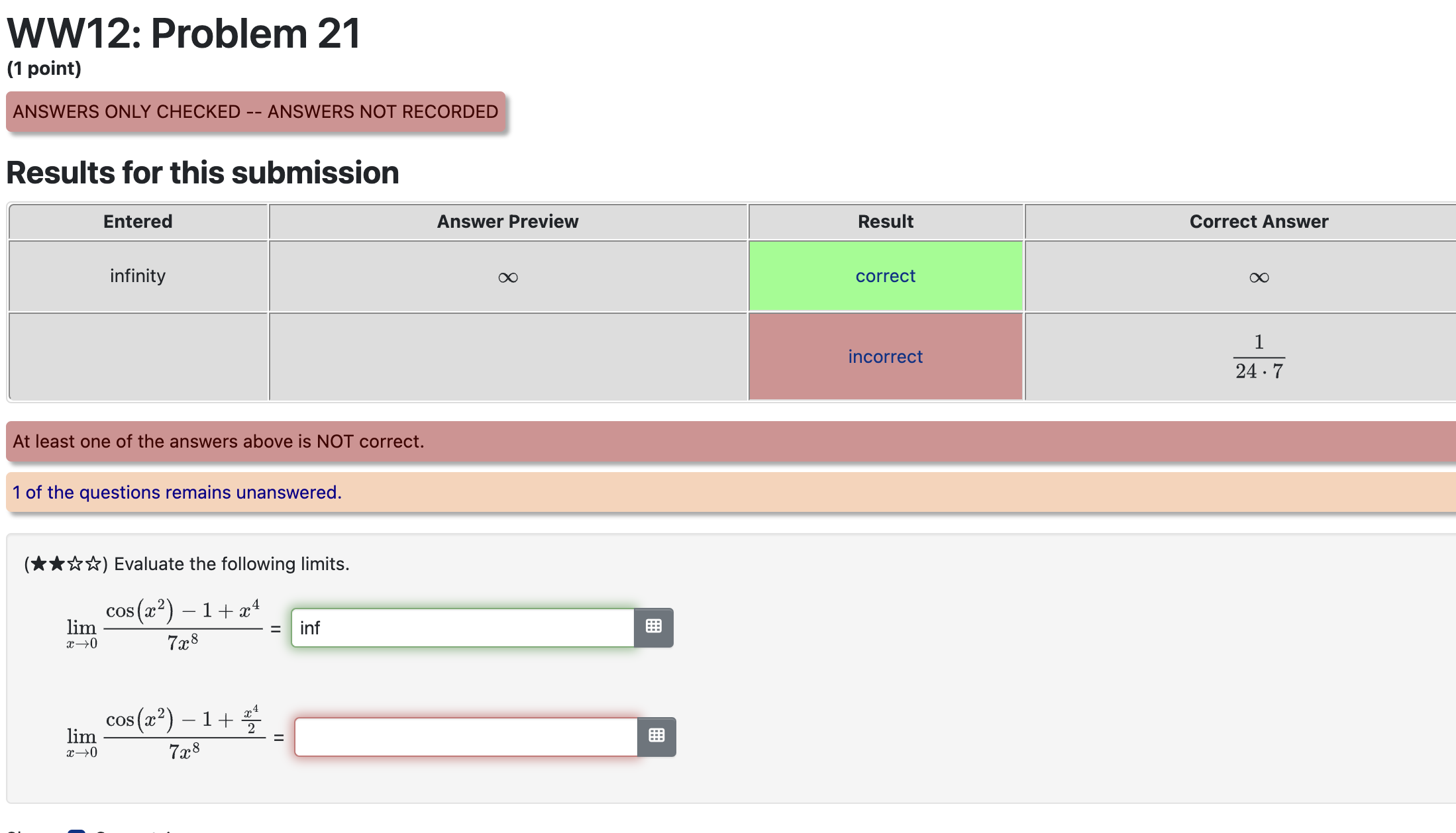 Solved WW12: Problem 21(1 ﻿point)ANSWERS ONLY CHECKED -- | Chegg.com