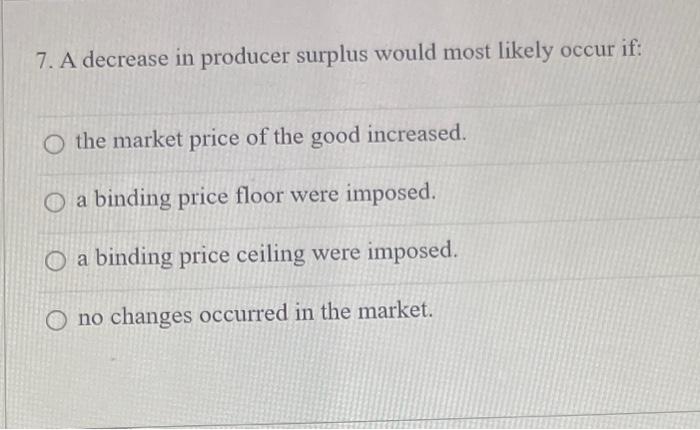 Solved 7. A decrease in producer surplus would most likely | Chegg.com