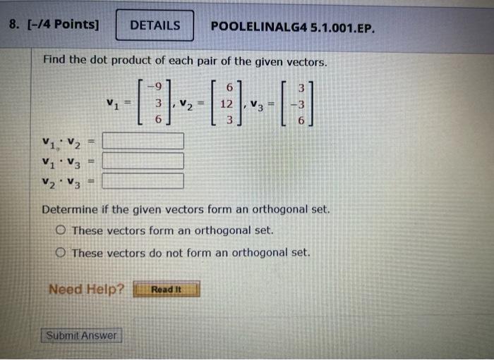 Find the dot product of each pair of the given | Chegg.com