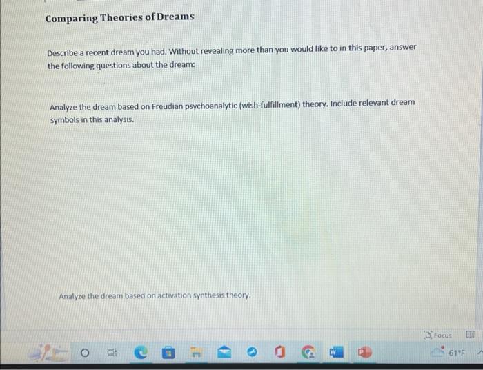 Solved Comparing Theories of Dreams Describe a recent dream | Chegg.com