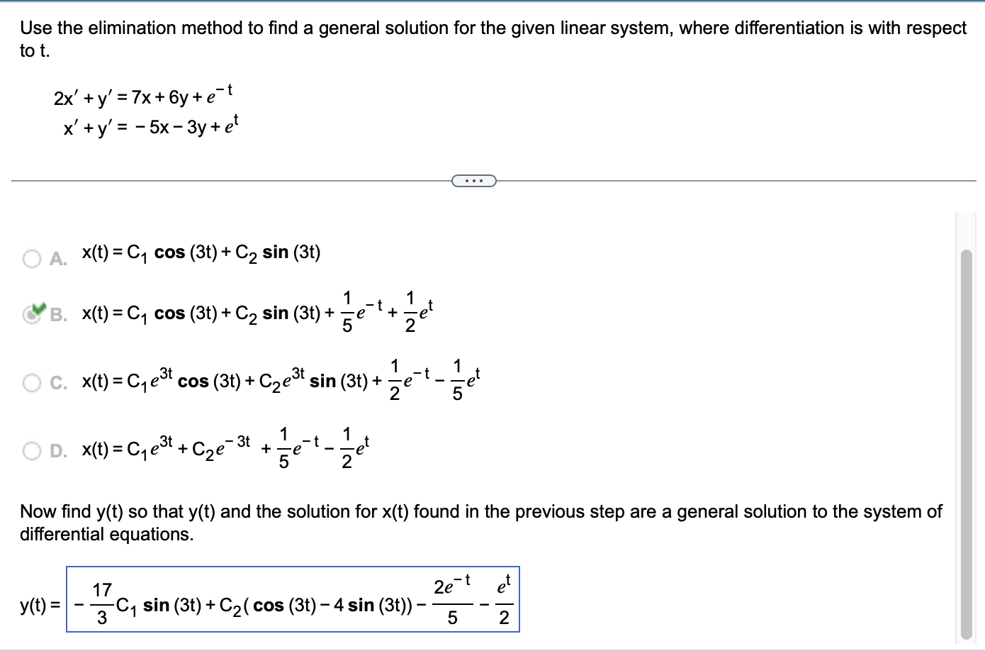 Solved Use the elimination method to find a general solution | Chegg.com