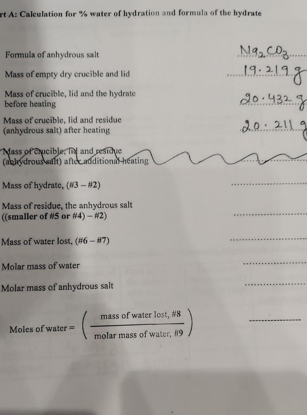 Solved rt A: Calculation for % water of hydration and | Chegg.com