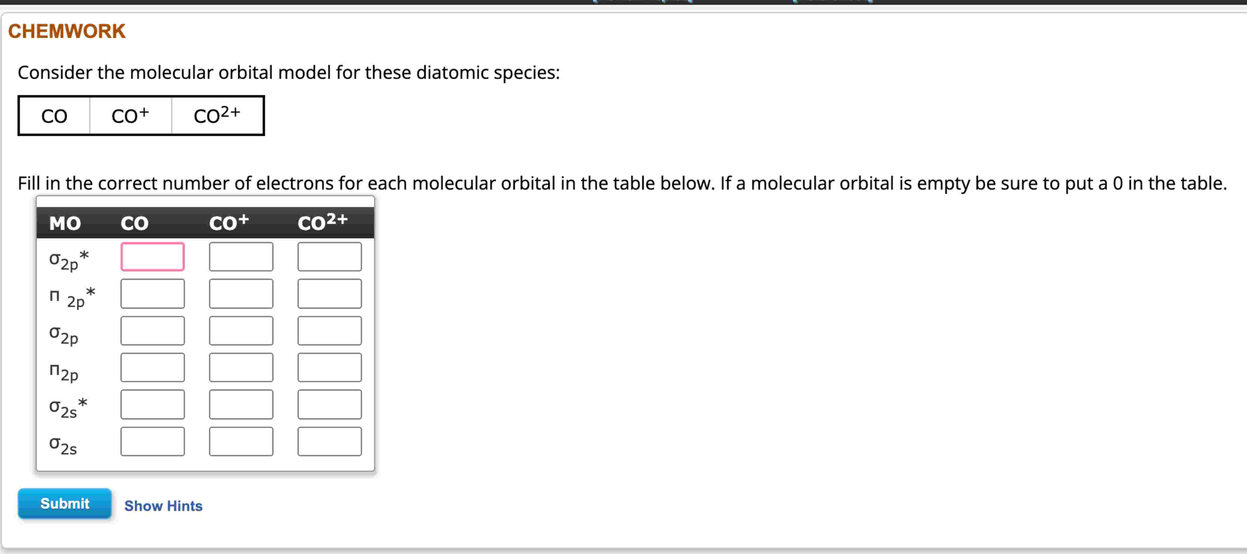 Solved CHEMWORKConsider the molecular orbital model for | Chegg.com