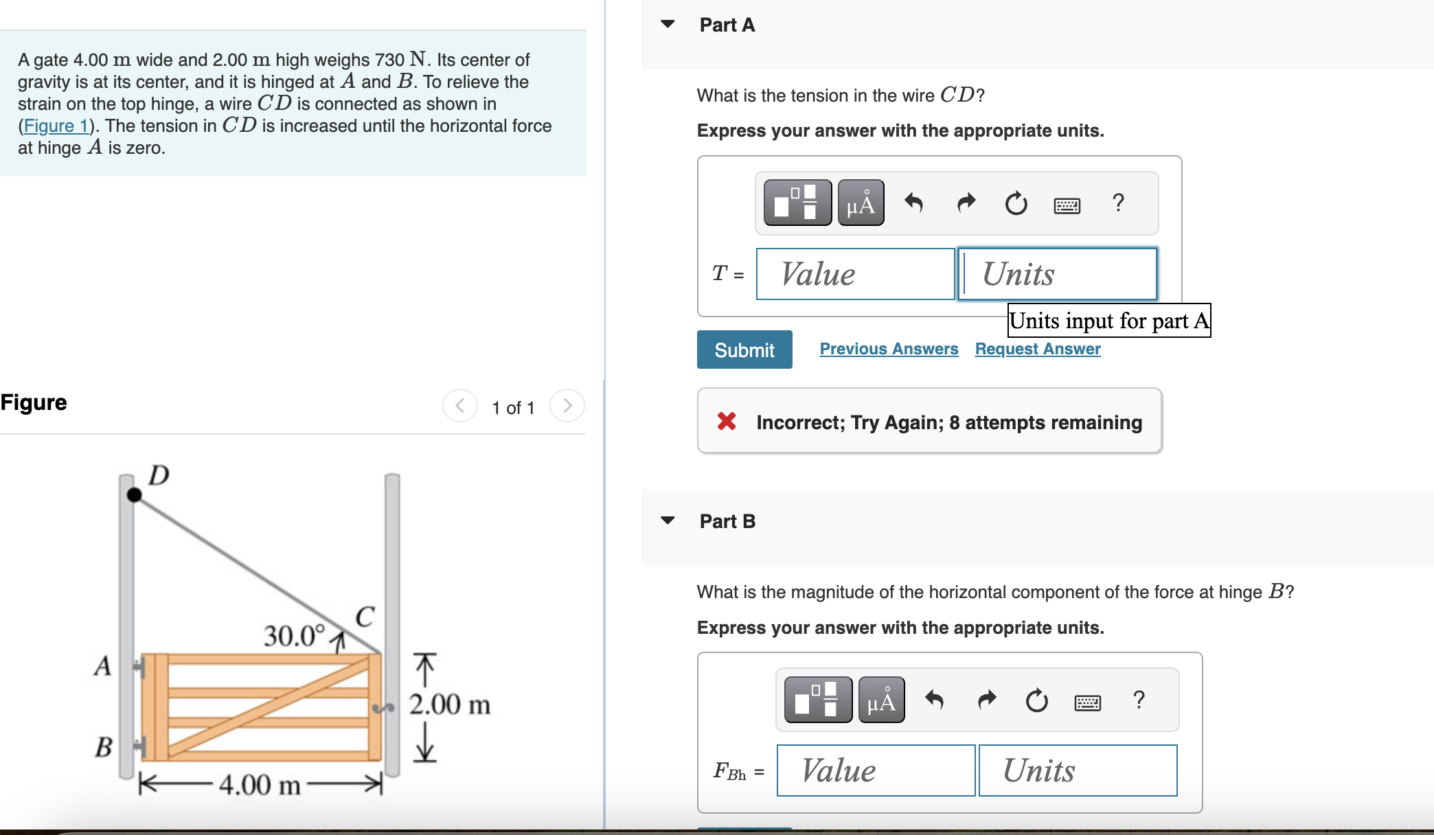 Part AA gate 4.00 ﻿m wide and 2.00 ﻿m high weighs 730 | Chegg.com