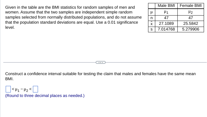 Solved Given in the table are the BMI statistics for random | Chegg.com
