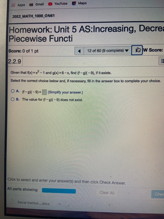 Solved ::: Apps M Gmall YouTube Maps 2052 MATH_1000_ON61 | Chegg.com