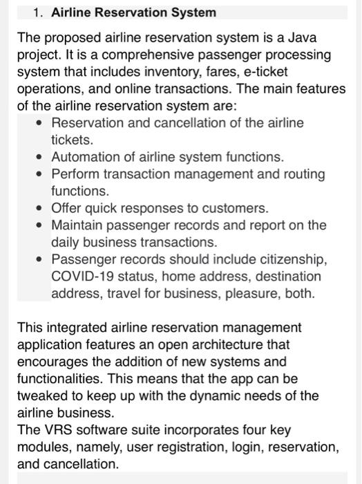 Solved 1. Airline Reservation System The proposed airline | Chegg.com