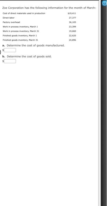 Solved Zoe Corporation has the following information for the | Chegg.com