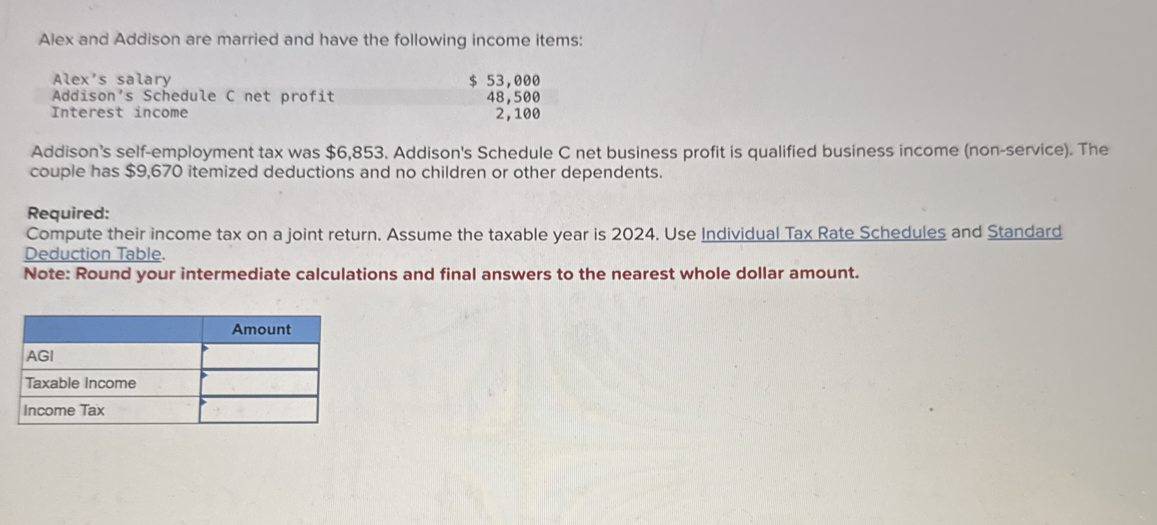 Solved Alex and Addison are married and have the following | Chegg.com