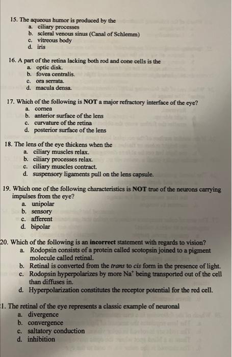 Solved 15. The aqueous humor is produced by the a. ciliary | Chegg.com