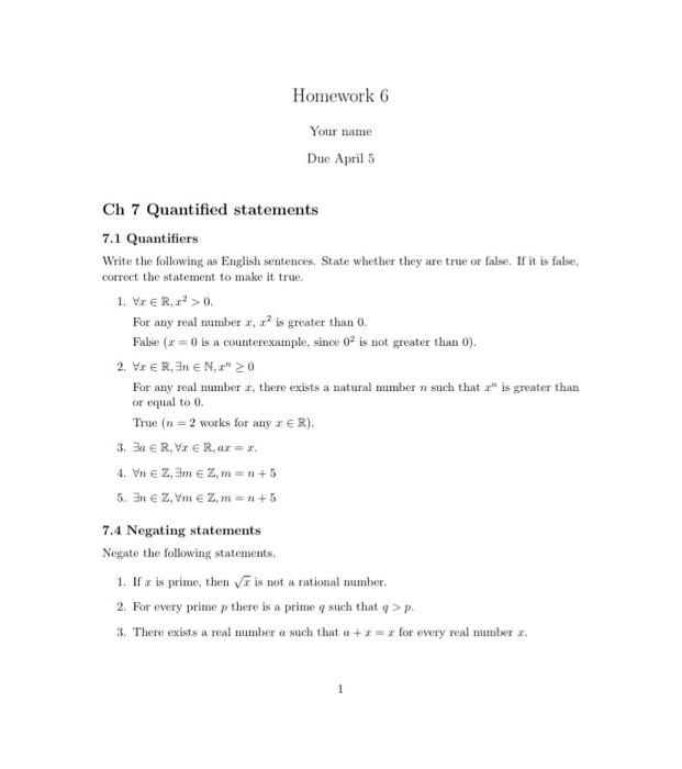 Ch 7 Quantified statements 7.1 Quantifiers Write the | Chegg.com