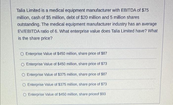 Solved Talia Limited is a medical equipment manufacturer | Chegg.com