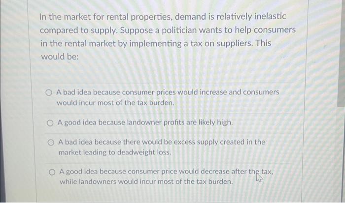 Solved In the market for rental properties, demand is | Chegg.com