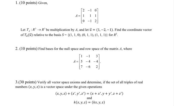 Solved Let be multiplication by A, and let 𝑢⃗= (1,−2,−1). | Chegg.com