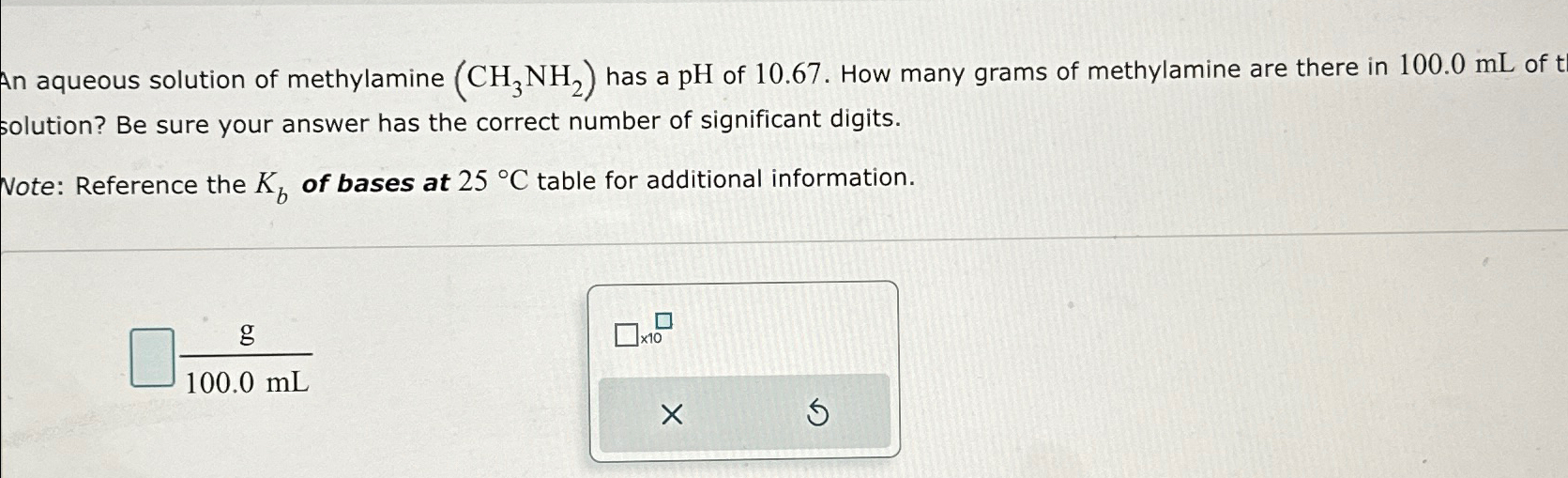Solved An aqueous solution of methylamine (CH3NH2) ﻿has a pH | Chegg.com