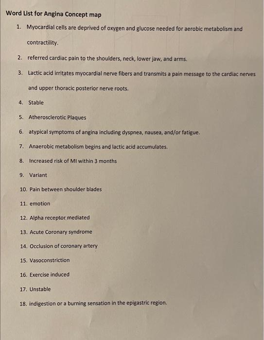 Solved Nord List for Angina Concept map 1. Myocardial | Chegg.com