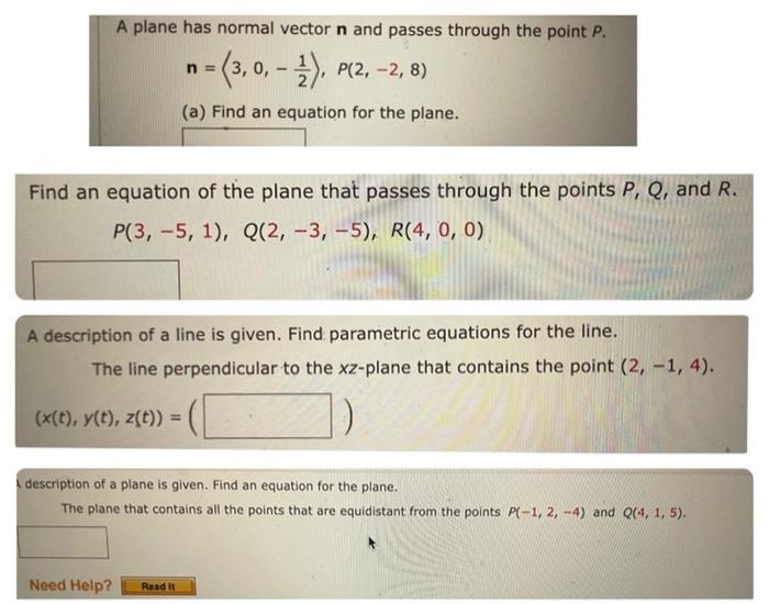 Solved A plane has normal vector n and passes through the | Chegg.com