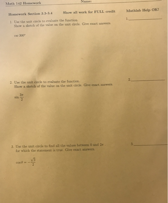Solved Math 142 Homework Name: Homework Section 3.3-3.4 Show | Chegg.com