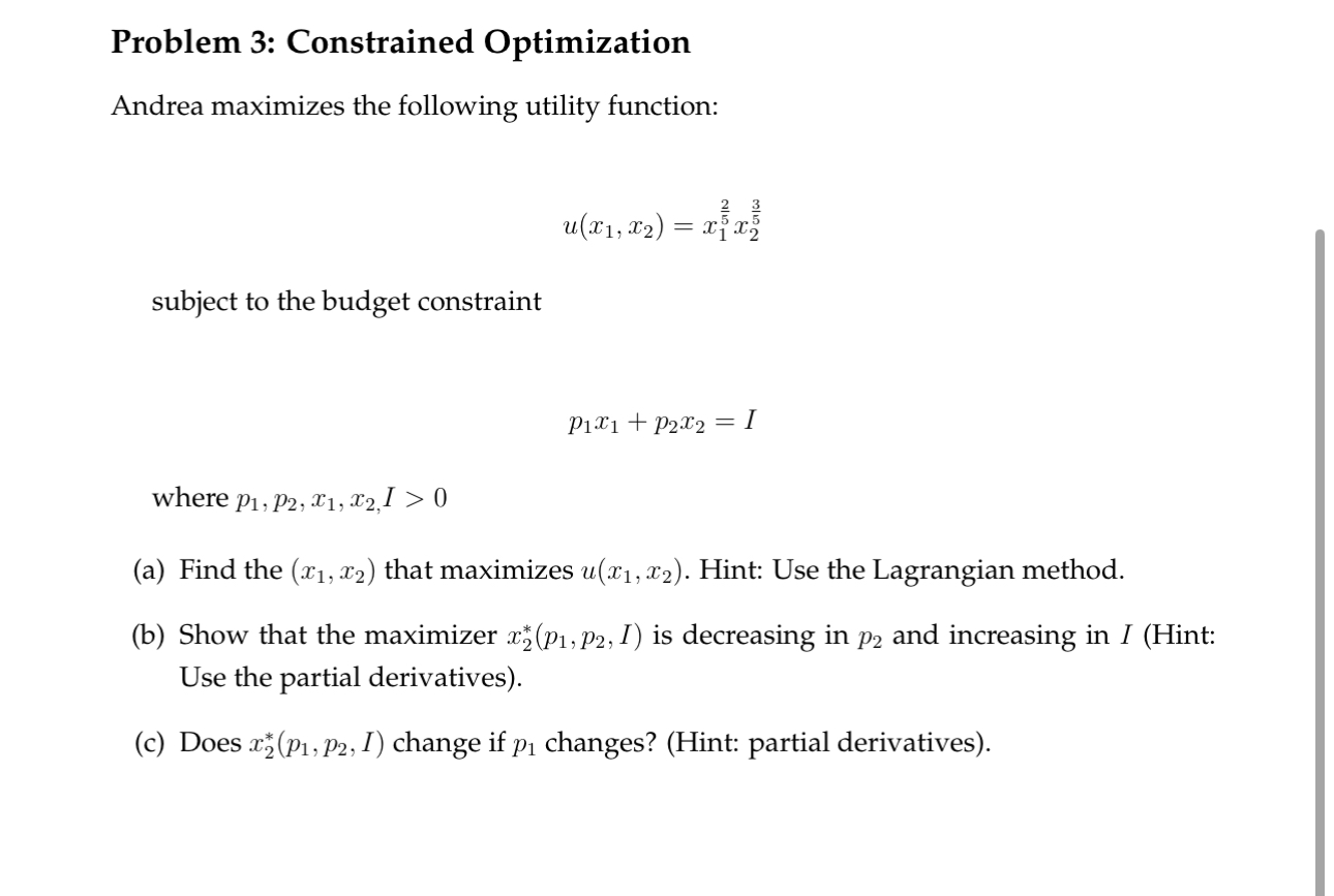 Solved Problem 3: Constrained OptimizationAndrea maximizes | Chegg.com