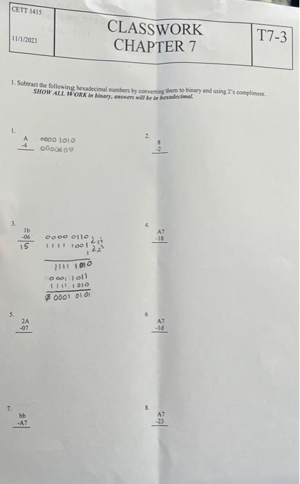 Solved 1. Subtract the following hexadecimal numbers by | Chegg.com