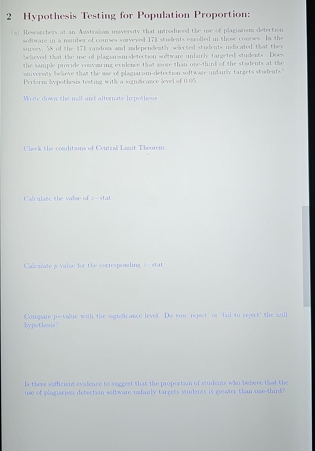 Solved 2 Hypothesis Testing for Population Proportion: (a) | Chegg.com