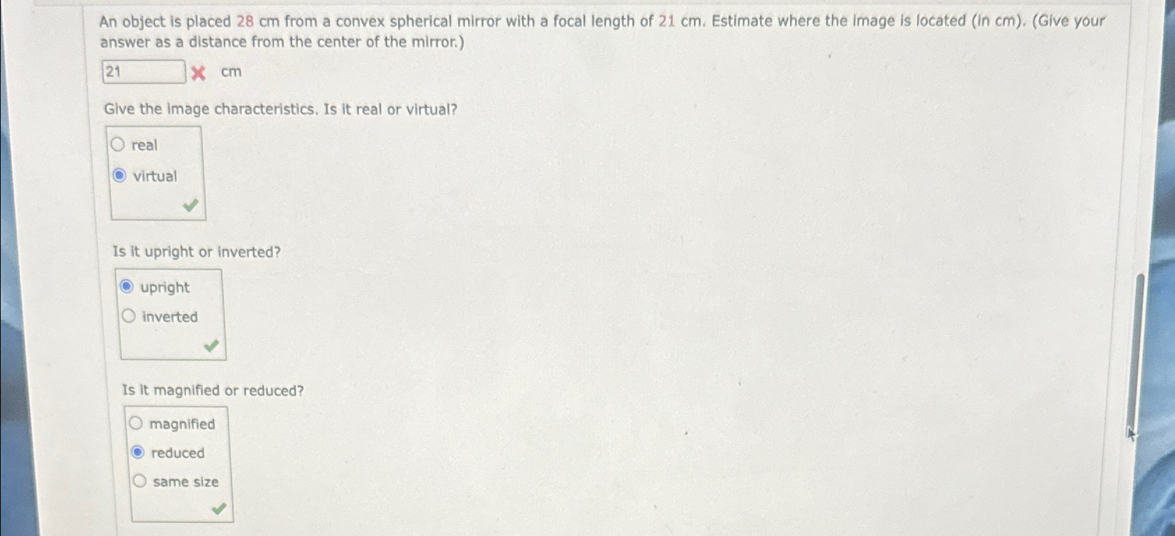 Solved An object is placed 28cm ﻿from a convex spherical | Chegg.com