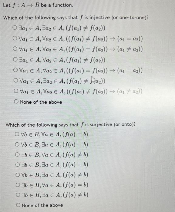 Solved Let f: A B be a function. Which of the following says | Chegg.com