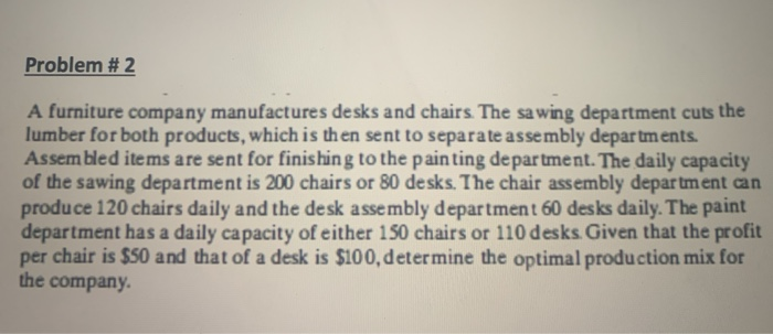 Solved Problem #2 A furniture company manufactures desks and | Chegg.com