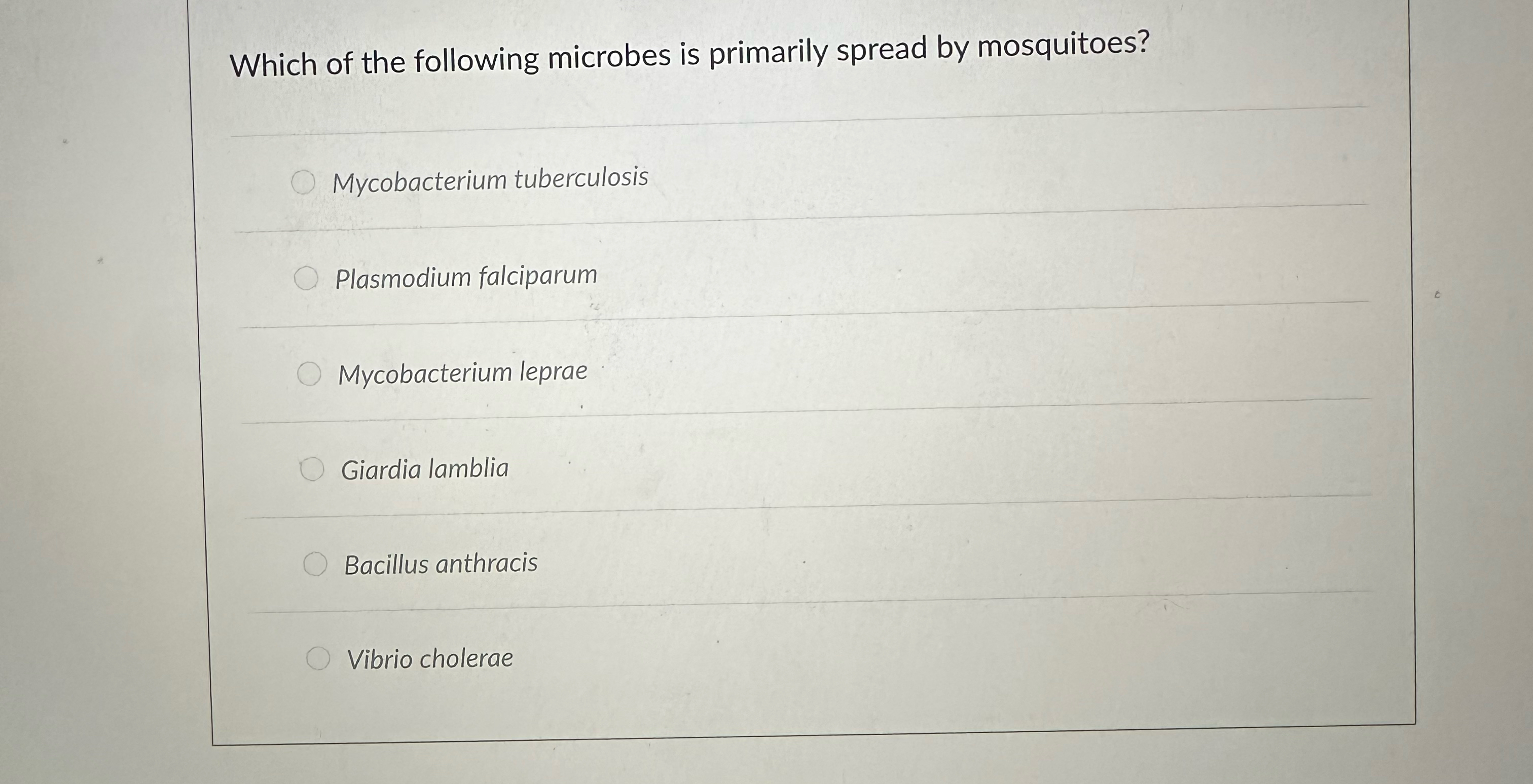 Solved Which of the following microbes is primarily spread | Chegg.com