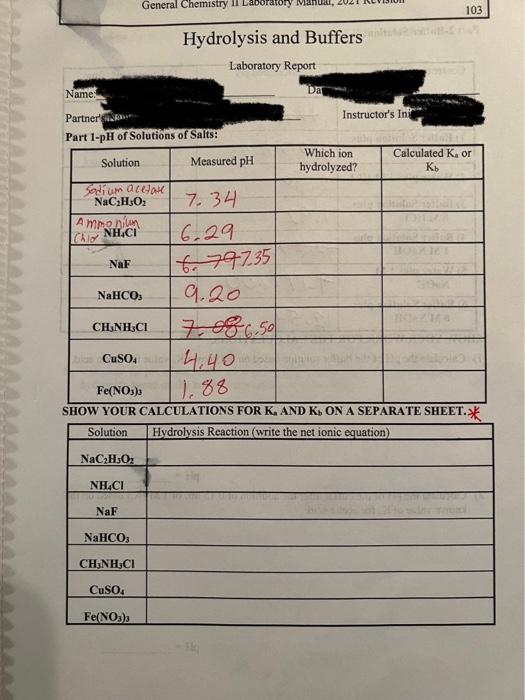 Hydrolysis and Buffers Laboratory ReportPart 2-Buffer | Chegg.com