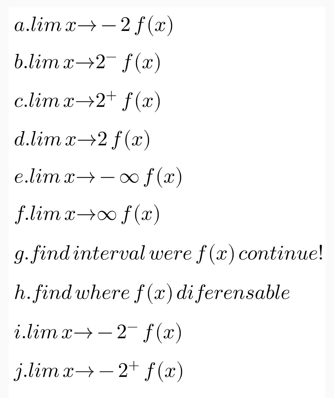 Solved a.lim x→−2f(x) b. limx→2−f(x) c. limx→2+f(x) d. | Chegg.com