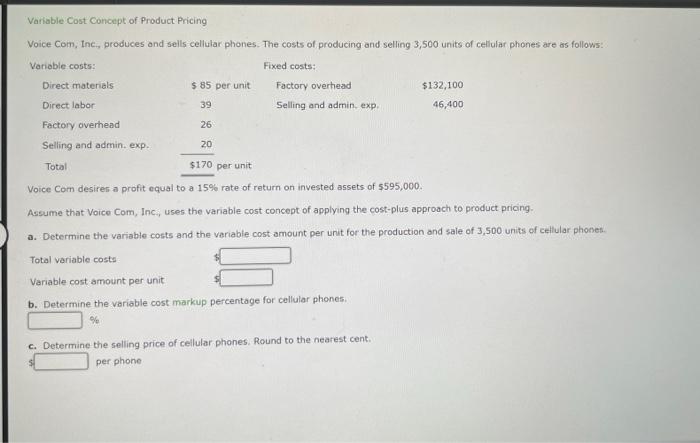 Solved Variable Cost Concept of Product Pricing Voice Com, | Chegg.com