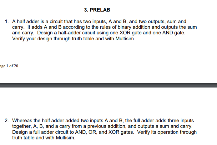 Solved PRELABA half adder is a circuit that has two inputs, | Chegg.com